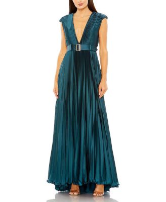 Click here for Mac Duggal Pleated Plunge Neck Belted Satin Gown prices