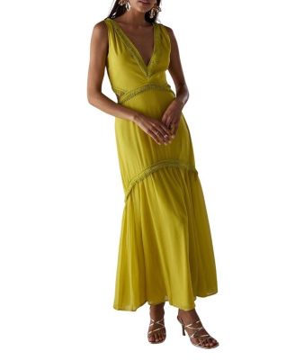 Click here for Warehouse Chiffon Fringe Trim Cut Out Maxi Dress prices