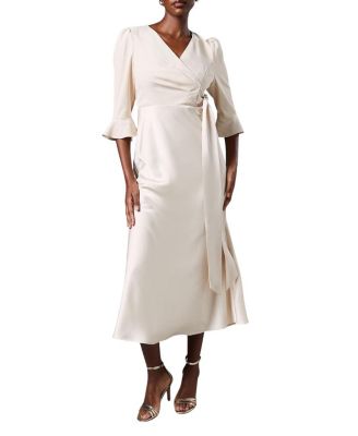 Click here for Coast Ruffle Sleeve Satin Wrap Dress prices