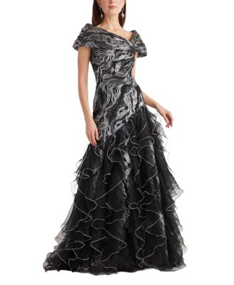Click here for Tadashi Shoji Cosmina Stardust Motif Ruffle Gown prices