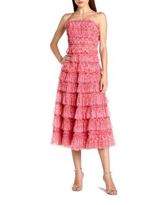 Click here for Mac Duggal Ruffle Mesh Strapless Midi Dress prices