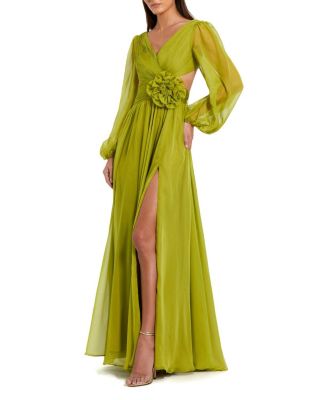 Click here for Mac Duggal Long Sleeve V Neck Chiffon Gown with 3D... prices