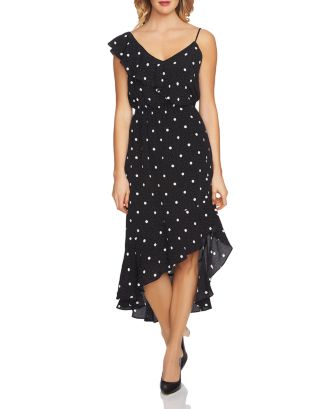 1.STATE Asymmetric Dot Ruffle Midi Dress | Bloomingdale's