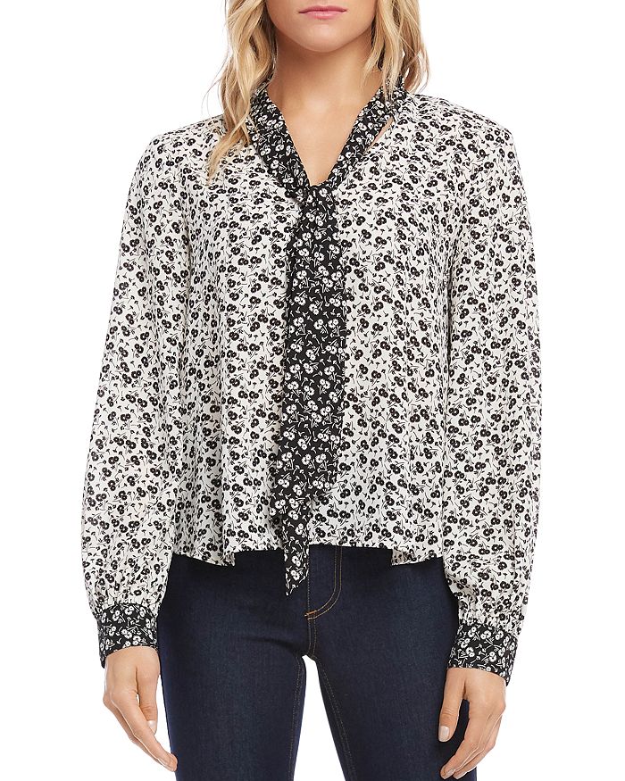 Karen Kane Tie-Neck Floral Color-Blocked Top | Bloomingdale's