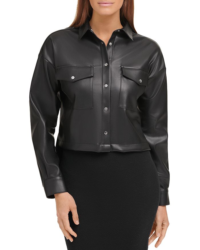 DKNY High Low Faux Leather Snap Front Blouse | Bloomingdale's