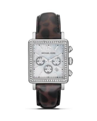 Michael Kors Women's Silver Tone Rectangle Leopard Watch, 35mm ...