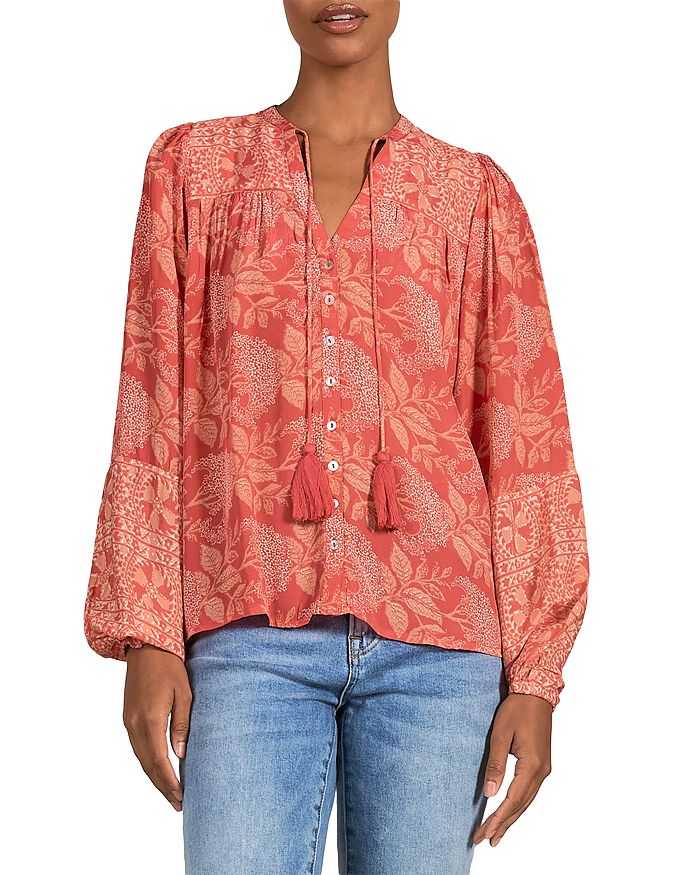 Elan Printed Puff Sleeve Split Neck Top | Bloomingdale's
