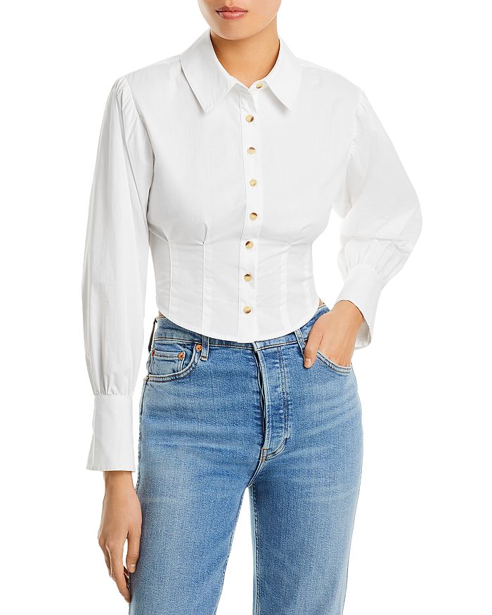 AQUA Smocked Cropped Button Down Shirt - 100% Exclusive | Bloomingdale's