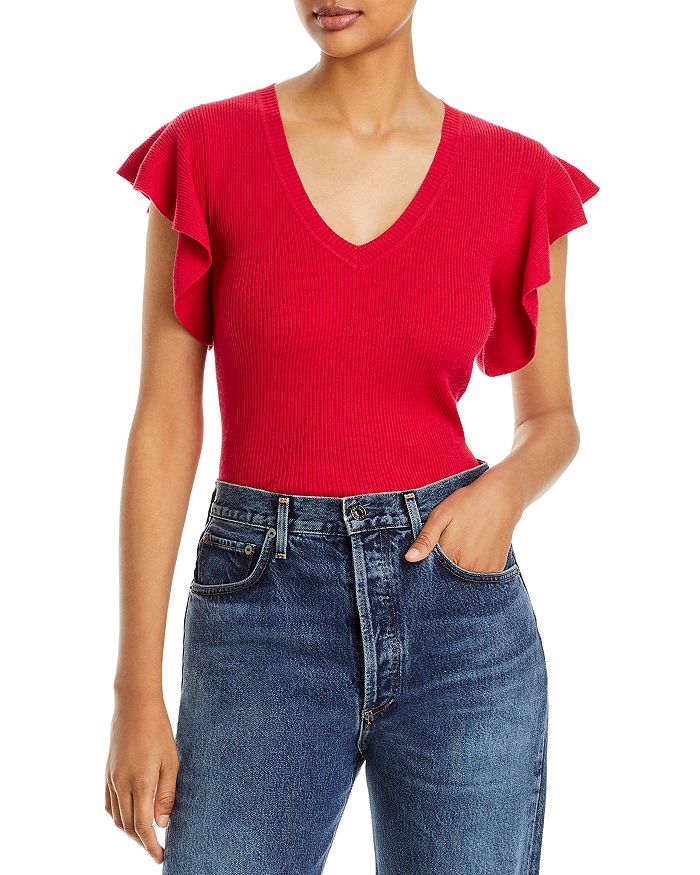 T Tahari V Neck Ruffle Sleeve Rib Knit Sweater | Bloomingdale's