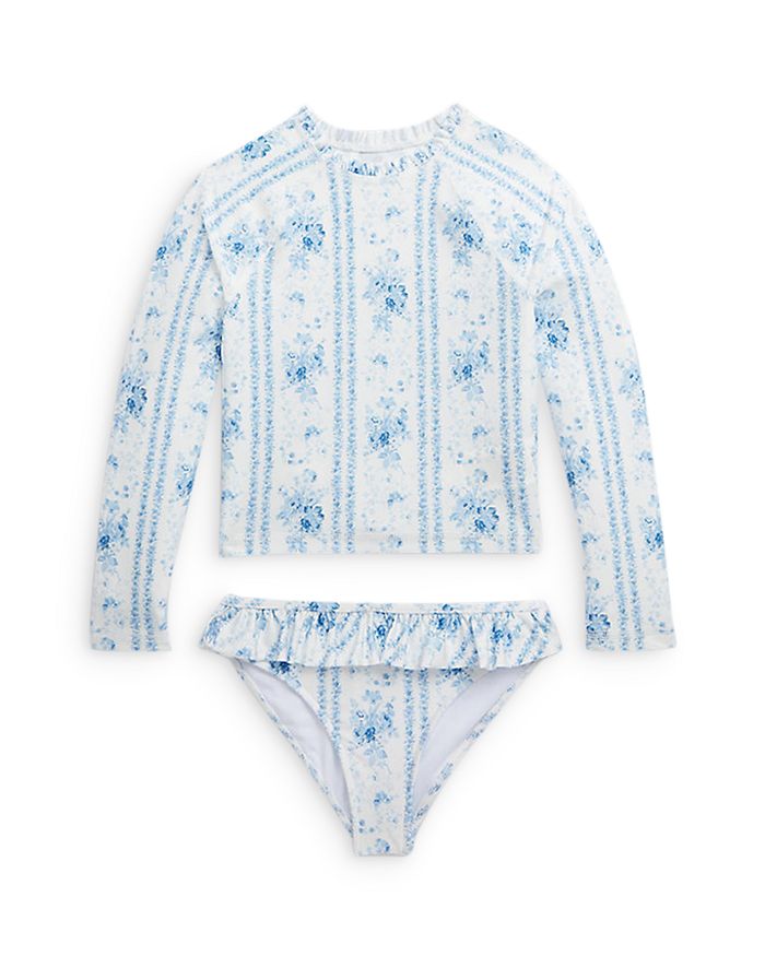 Ralph Lauren Girls' Floral Stripe Print Rash Guard Two Piece Swimsuit ...