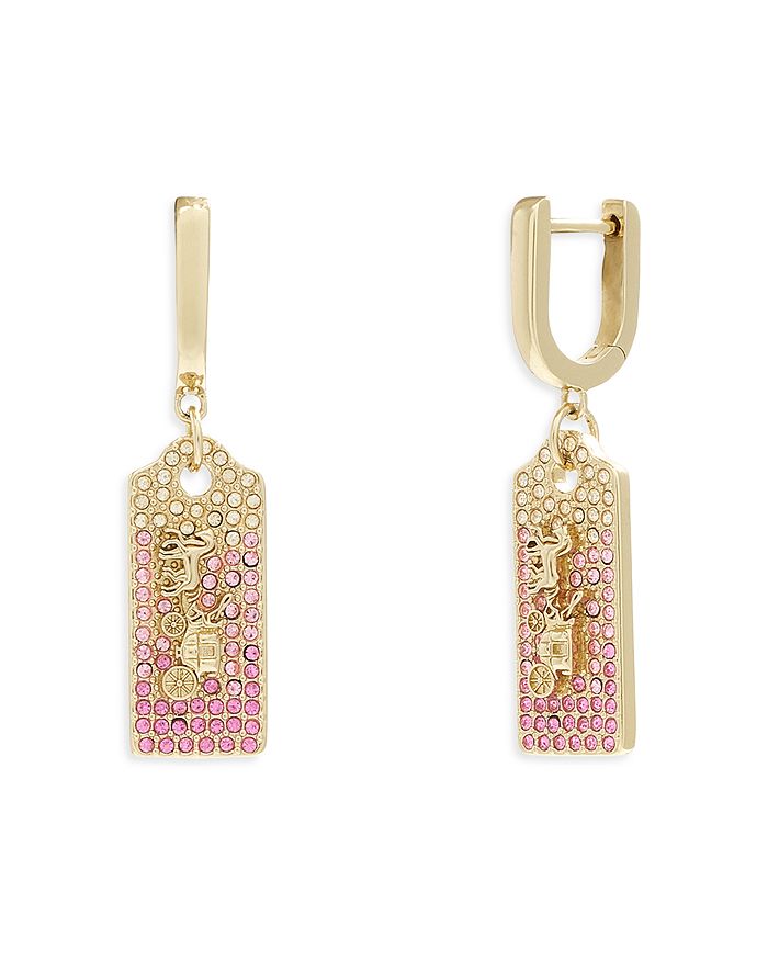 COACH Signature Pavé Logo Tag Charm Huggie Hoop Earrings in Gold Tone ...
