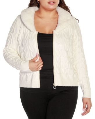 Belldini Plus Faux Fur Collar Cable Knit Zip Cardigan | Bloomingdale's