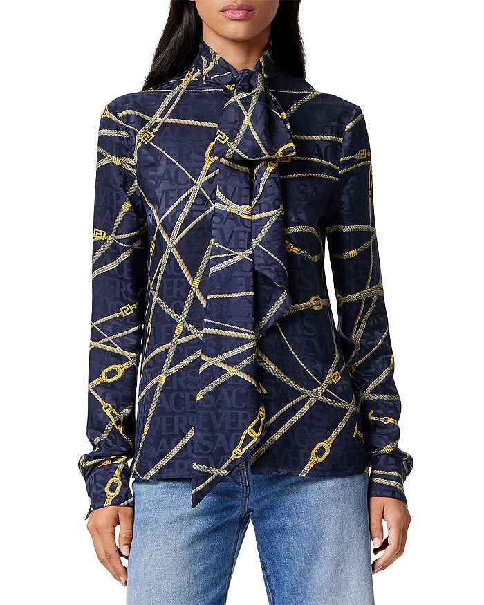 Versace Jacquard Tie Neck Logo Top | Bloomingdale's