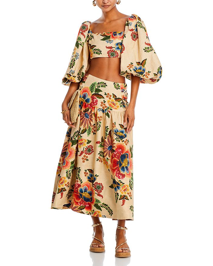 FARM Rio Delicate Garden Short Puff Sleeve Crop Top & Midi Skirt ...