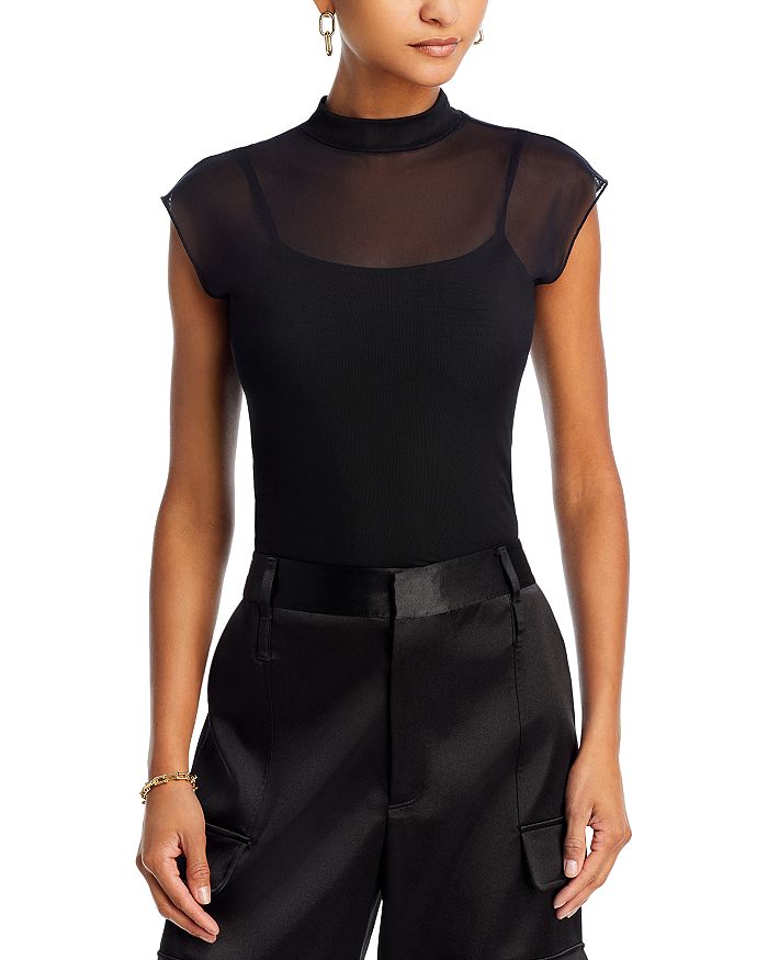 AQUA Mesh Mock Neck Top - Exclusive | Bloomingdale's