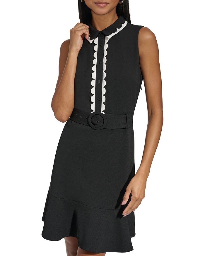 KARL LAGERFELD PARIS Scallop Trim Belted A Line Mini Dress | Bloomingdale's