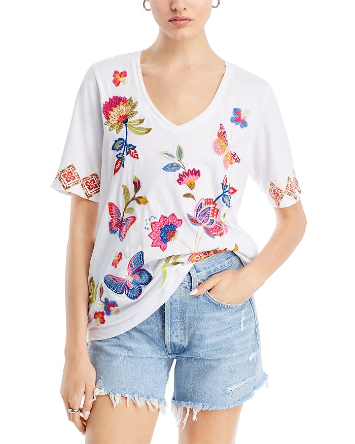 Johnny Was Gracey Trapunto Embroidered V Neck Top | Bloomingdale's
