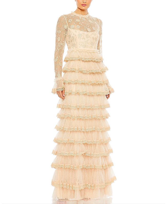 Mac Duggal Embroidered Long Sleeve Ruffled Tiered Gown | Bloomingdale's