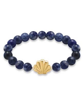 AQUA Clam Shell Charm Gemstone Beaded Stretch Bracelet in 18K Gold ...