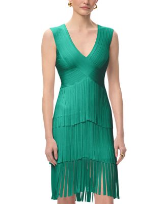 Click here for Herve Leger V Neck Gracie Midi Fringed Dress prices