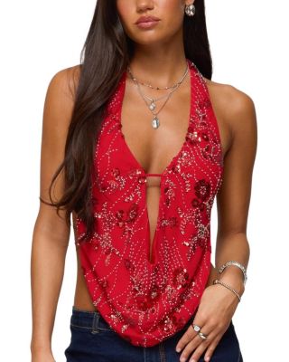 Click here for Edikted Beaded Chiffon Backless Cowl Neck Top prices