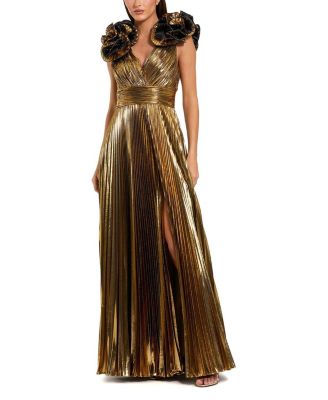 Click here for Mac Duggal Pleated Metallic V Neck Gown with Ruffl... prices