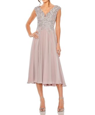 Click here for Mac Duggal Embroidered Beaded Midi Dress with Cap... prices