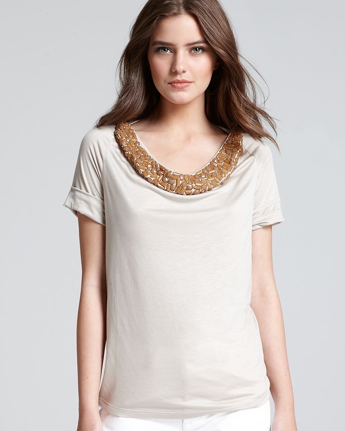 Burberry Top - Short Sleeve Drape with Gem Neck Detail | Bloomingdale's