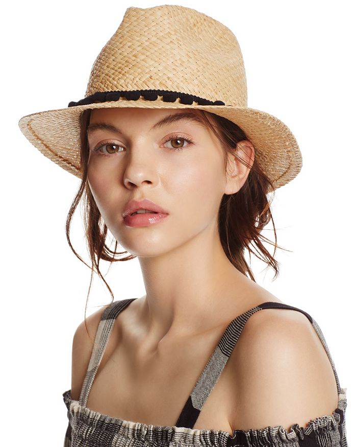 AQUA Raffia Fedora with Pom-Pom Trim - 100% Exclusive | Bloomingdale's