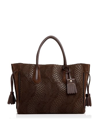 Longchamp Penelope Medium Python-Embossed Suede Tote | Bloomingdale's