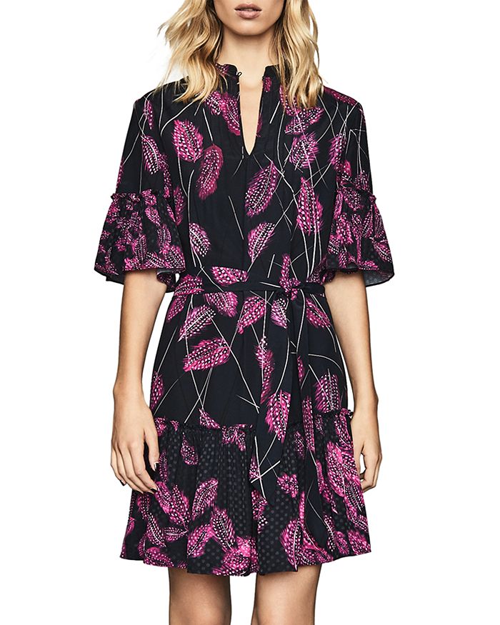 REISS Marsali Belted Feather Print Dress | Bloomingdale's