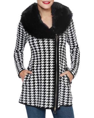 Belldini Faux Fur Collar Houndstooth Cardigan | Bloomingdale's