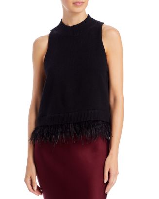 AQUA Mock Neck Feather Trim Top - 100% Exclusive | Bloomingdale's