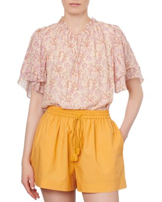 VANESSA BRUNO Stelie Floral Print Split Neck Top | Bloomingdale's