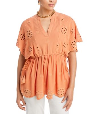 Click here for T Tahari Split Neck Drawstring Waist Eyelet Blouse prices