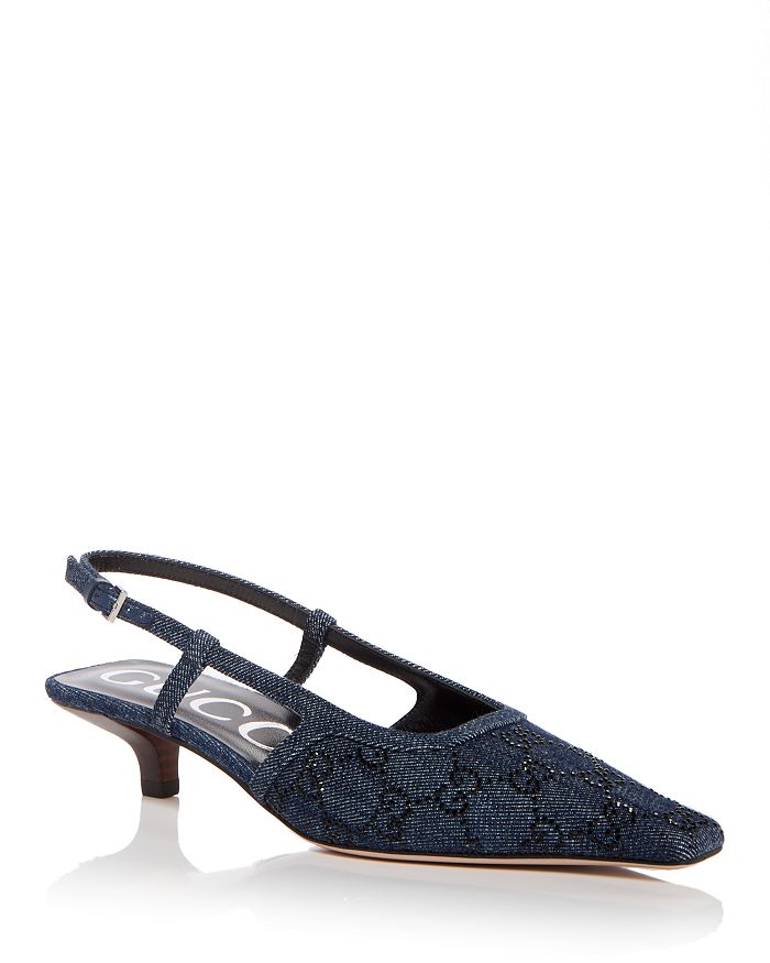 Gucci Women's GG Embellished Denim Slingback Kitten Heel Pumps ...
