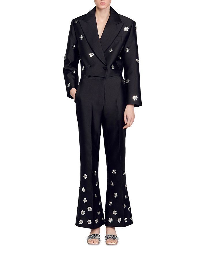 Sandro Flowers Cropped Embellished Jacket & Metallic Flower Flared ...