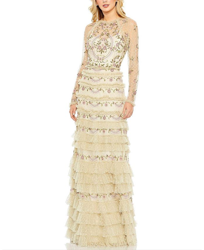 Mac Duggal Mesh Polka Dot Long Sleeve Floral Ruffle Tired Gown ...