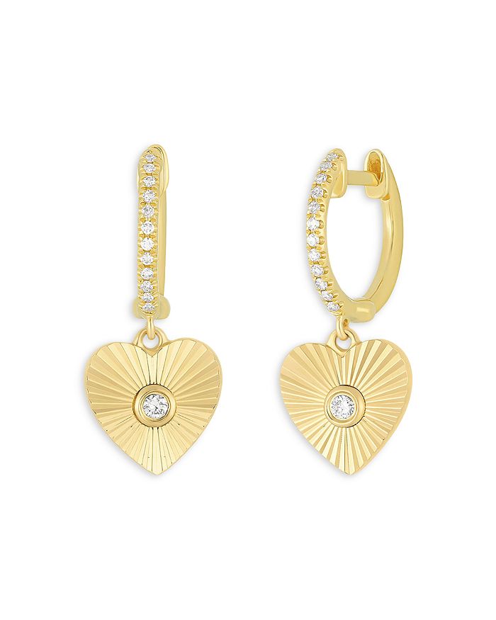 EF Collection 14K Yellow Gold Diamond Fluted Heart Charm Hoop Earrings ...