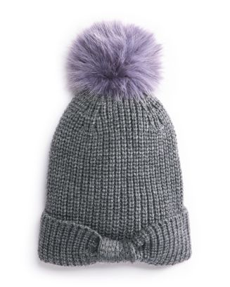 Surell Girls' Knit Bow Beanie Hat With Faux Fur Pom - Big Kid ...