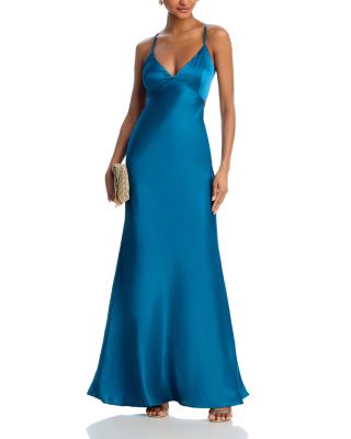 Click here for Aqua Satin Open Back Gown - Exclusive prices