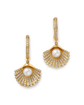 Bloomingdales Fine Collection Freshwater Pearl & Diamond Shell Drop Earrings in 14K Yellow Gold