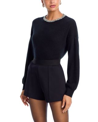 Aqua 100 Cashmere Crystal Trim Crewneck Sweater - Exclusive