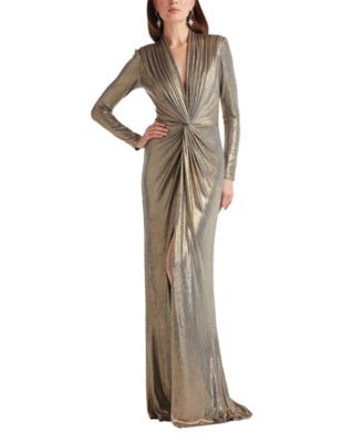 Click here for Tadashi Shoji Ferrum Metallic Twist Drape Gown prices