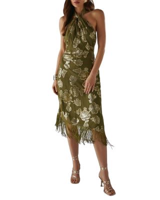 Click here for Warehouse Metallic Chiffon Wrap Front Midi Dress prices