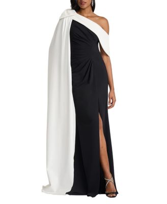 Click here for Tadashi Shoji Romi One-Shoulder Bow Cape Gown prices