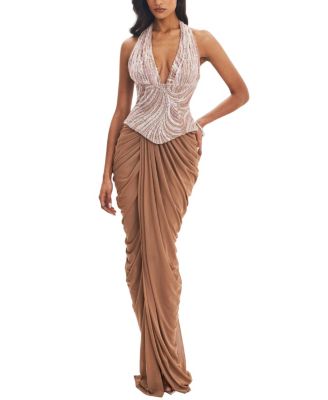 Click here for Miss Circle Nancie Beaded Halter Peplum Pleated Ma... prices