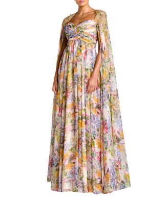Click here for Mac Duggal Printed Chiffon Gown With Beaded Cape S... prices