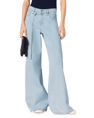 Click here for Maje High Rise Wide Leg Rhinestone Jeans in Blue S... prices