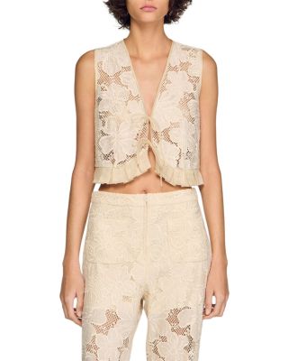 Click here for Sandro Guipure Lace Ruffle Crop Top prices